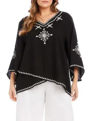 Karen Kane Embroidered Asymmetric Hem Linen Blend Top - Black And White