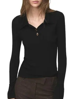 Mango Rib Fluted Long Sleeve Polo Sweater - Black