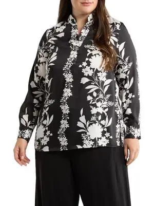 Anne Klein Floral Print Popover Blouse - Anne Black/white Dove