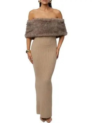 JLUXLABEL Faux Fur Off-the-shoulder Rib Knit Dress - Brown