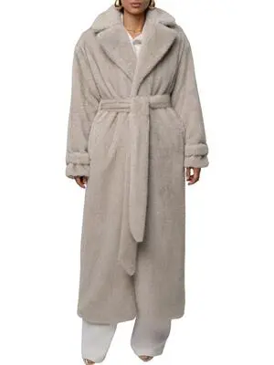 JLUXLABEL Uptown Belted Faux Fur Longline Coat - Gray