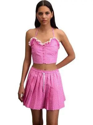 JE TE VEUX Gingham Crop Bustier Top With Lace Trim - Pink