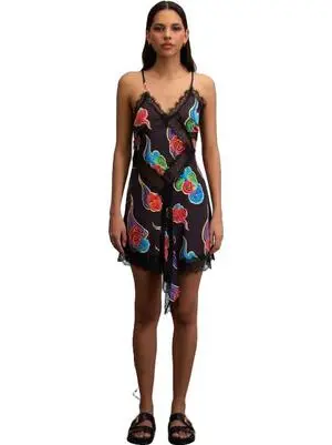 JE TE VEUX Sora Cloud Print Mini Dress With Lace Trim - Black