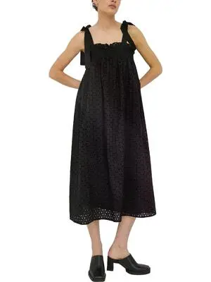 BRUUNS BAZAAR Tie-strap Perforated Midi Dress - Black