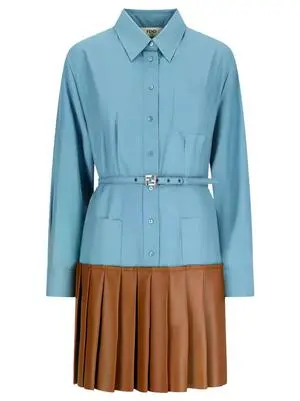 Fendi Pleated Poplin Mini Shirt Dress - Blue