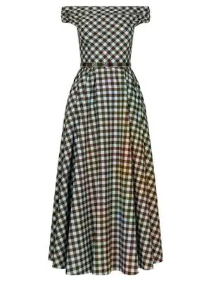 Oscar De La Renta Gingham-pattern Off-shoulder Dress - Brown