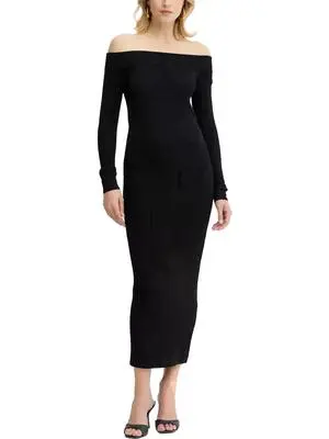 Armani Exchange Off-shoulder Long-sleeve Midi Dress - Black