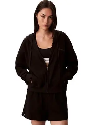 Calvin Klein Logo Cotton Jersey Full Zip Hoodie - Black
