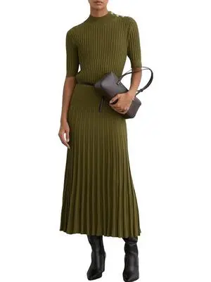 REISS Harriet Ribbed Pleated A-line Dress - Green