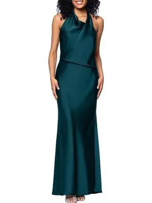 Betsy & Adam Drape Satin Halterneck Gown Pine