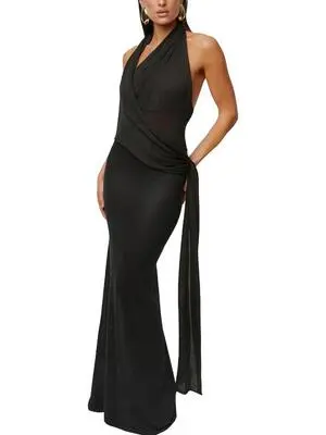 JLUXLABEL Draped Asymmetric Halter Neck Dress - Black