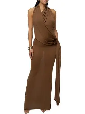 JLUXLABEL Draped Asymmetric Halter Neck Dress - Brown