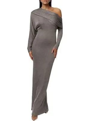 JLUXLABEL Drape & Shine Metallic One-shoulder Long Sleeve Knit Dress - Silver