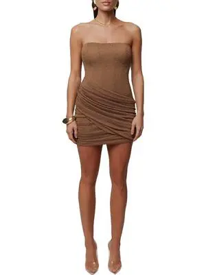 JLUXLABEL Metallic Ruched Strapless Mini Dress - Brown