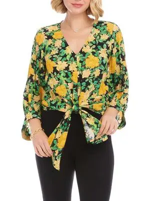 Karen Kane Print Tie-front Top - Yellow Floral