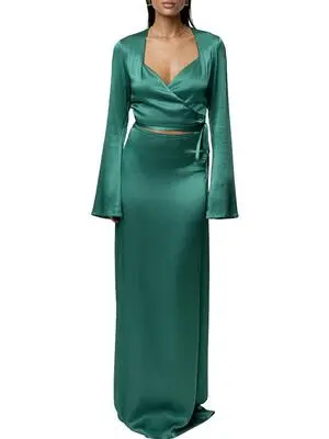 JLUXLABEL Satin Long Sleeve Top And Maxi Skirt Set - Green