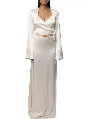 JLUXLABEL Satin Long Sleeve Top And Maxi Skirt Set - Ivory