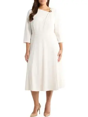 Anne Klein Shoulder Pin Asymmetric Midi Dress - White Dove