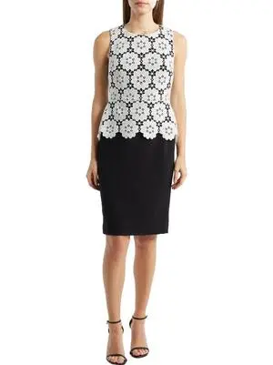 Anne Klein Mixed Media Lace Sheath Dress - Shell White/anne Black