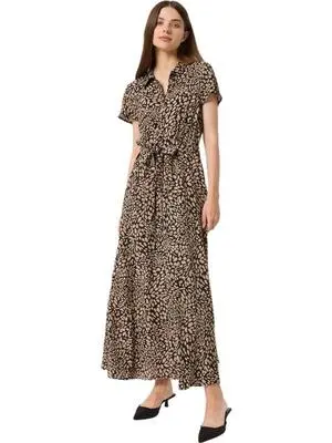 SOAKED IN LUXURY Slnaya Printed Maxi Shirt Dress - Black With Brown Dots