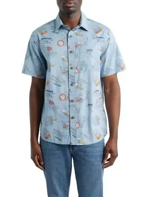 Pendleton Shoreline National Park Print Short Sleeve Cotton Button-up Shirt - National Park Blue
