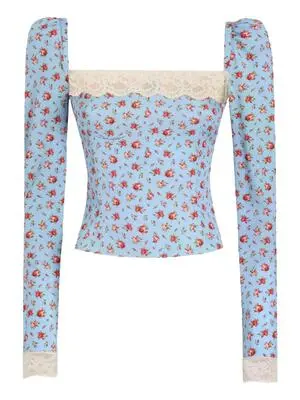 Dolce & Gabbana Floral-print Lace-trim Top - Blue