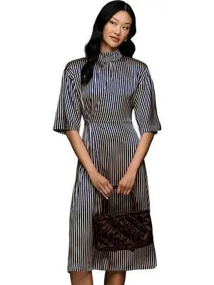 STELLA NOVA Silk Blend Midi Dress - Cream / Blue Stripes