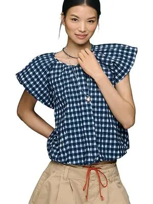 Maeve Textured Puff Sleeve Top - Blue Plaid