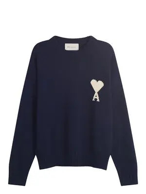 Ami Crewneck Sweater With Contrasted De Coeur - Encre/ecru