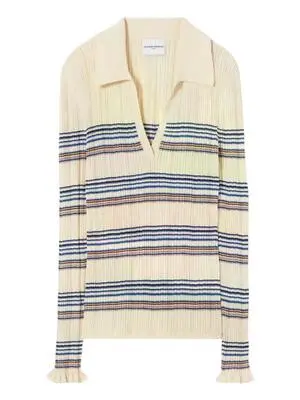 Claudie Pierlot Striped Ruffled Polo Top - Neutrals