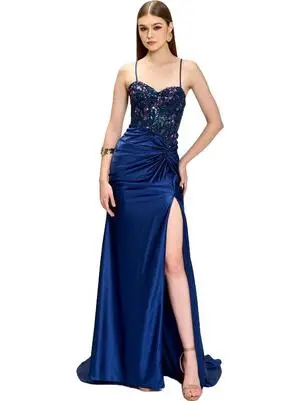 BARIANO Nahdia Beaded Sequin Gown - Navy