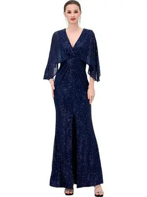 BARIANO Oprah Cape Sequin Gown - Navy