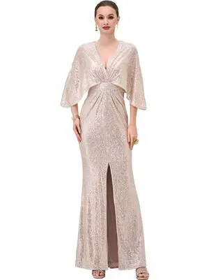 BARIANO Oprah Cape Sequin Gown - Nude/copper