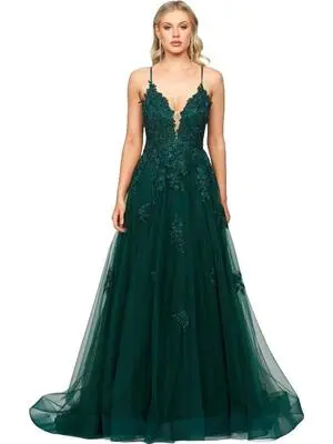 BARIANO Alie Plunging Ball Gown - Dark Green