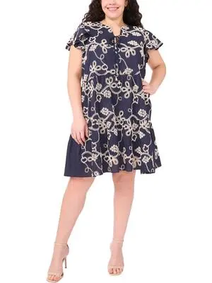 CECE DUPRAZ Embroidered Flutter Sleeve Dress - Night Shade