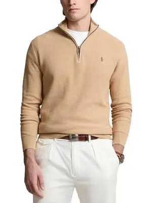 Polo Ralph Lauren Mesh Knit Cotton Quarter-Zip Sweater Camel Melange