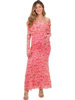 PINKBLUSH Floral Mesh Off-Shoulder Maxi Dress