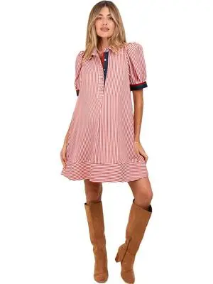 PINKBLUSH Striped Puff Sleeve Mini Shirt Dress - Rust