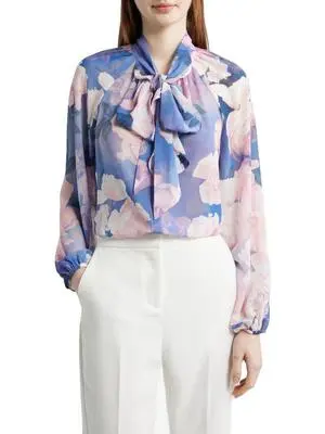 TAHARI ASL Floral Print Tie Neck Blouse - Blue Petal Floral