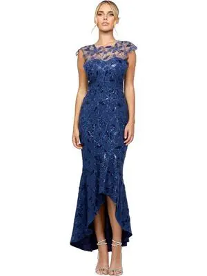 BARIANO Phoebe Cap-sleeve Hi-lo Gown - Navy
