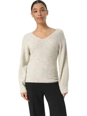 SOAKED IN LUXURY Slrakel V-neck Rib Knit Pullover - White Grey Melange