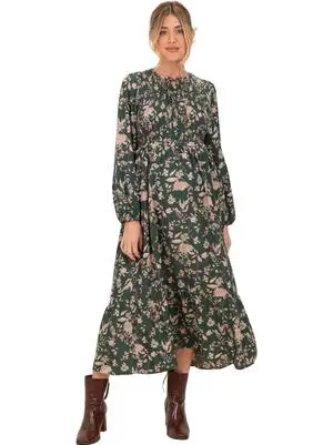PINKBLUSH Floral Smocked Long Sleeve Midi Dress - Olive Green
