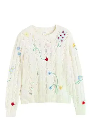 Chinti & Parker Floral Embroidered Pointelle Knit Sweater - Neutrals