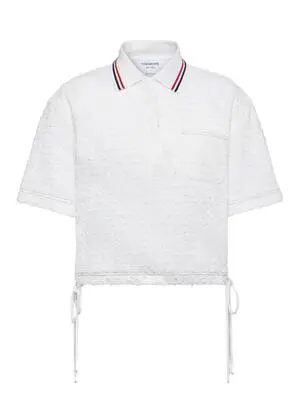 Thom Browne Ribbon Tweed Drawstring Polo Top - White