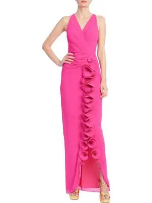 Badgley Mischka Wire Ruffle Detail Column Gown - Magenta