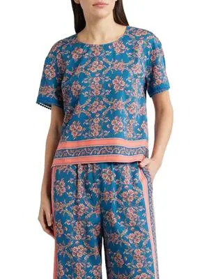 CITY BLUES Floral Woven Top - Cadet Blue/dusty Pink
