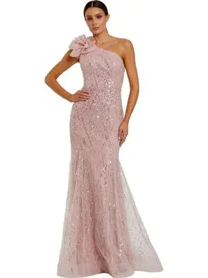 Mac Duggal Beaded One-shoulder Mermaid Gown With Floral Appliqu - Rose