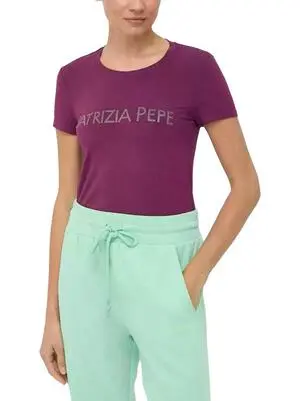 Patrizia Pepe Slim Fit Rhinestone Logo T-shirt - Purple