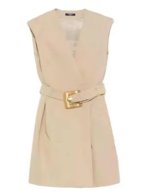 Balmain Sleeveless V-neck Belted Blazer Mini Dress - Neutrals