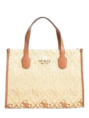 Guess Tote Handbag In Raffia With Embroidered Logo - Beige